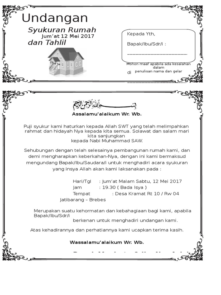 Contoh Surat Undangan Syukuran Rumah Baru | PDF