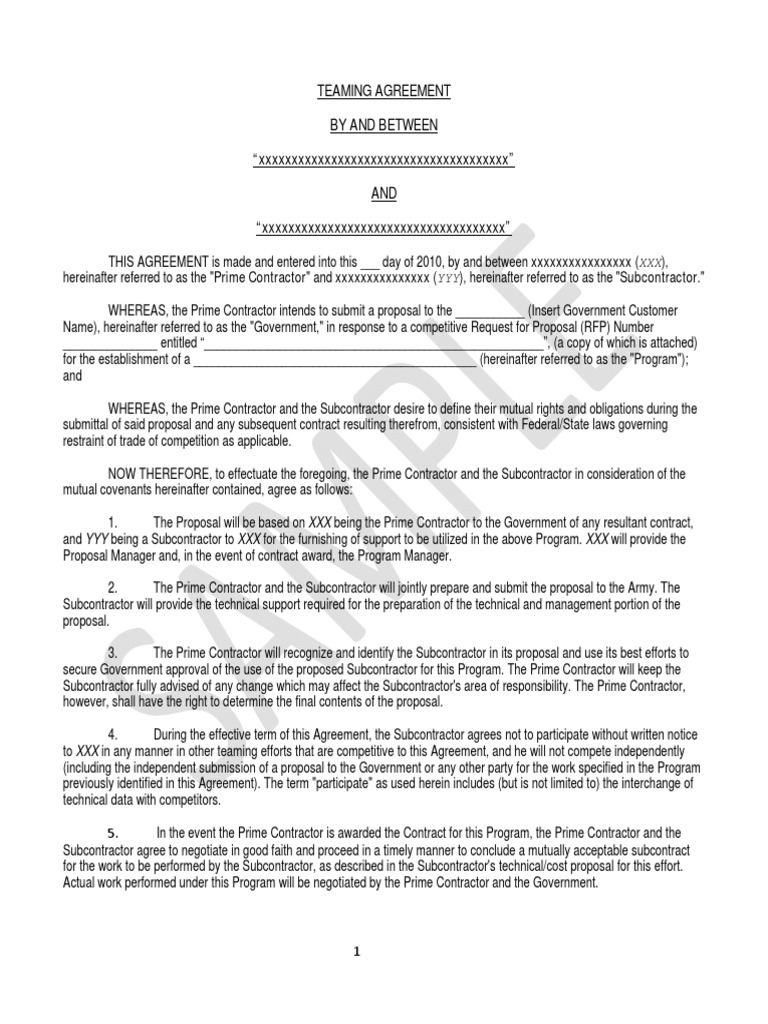 Contractor Teaming Agreement Template | PDF | General Contractor | Patent