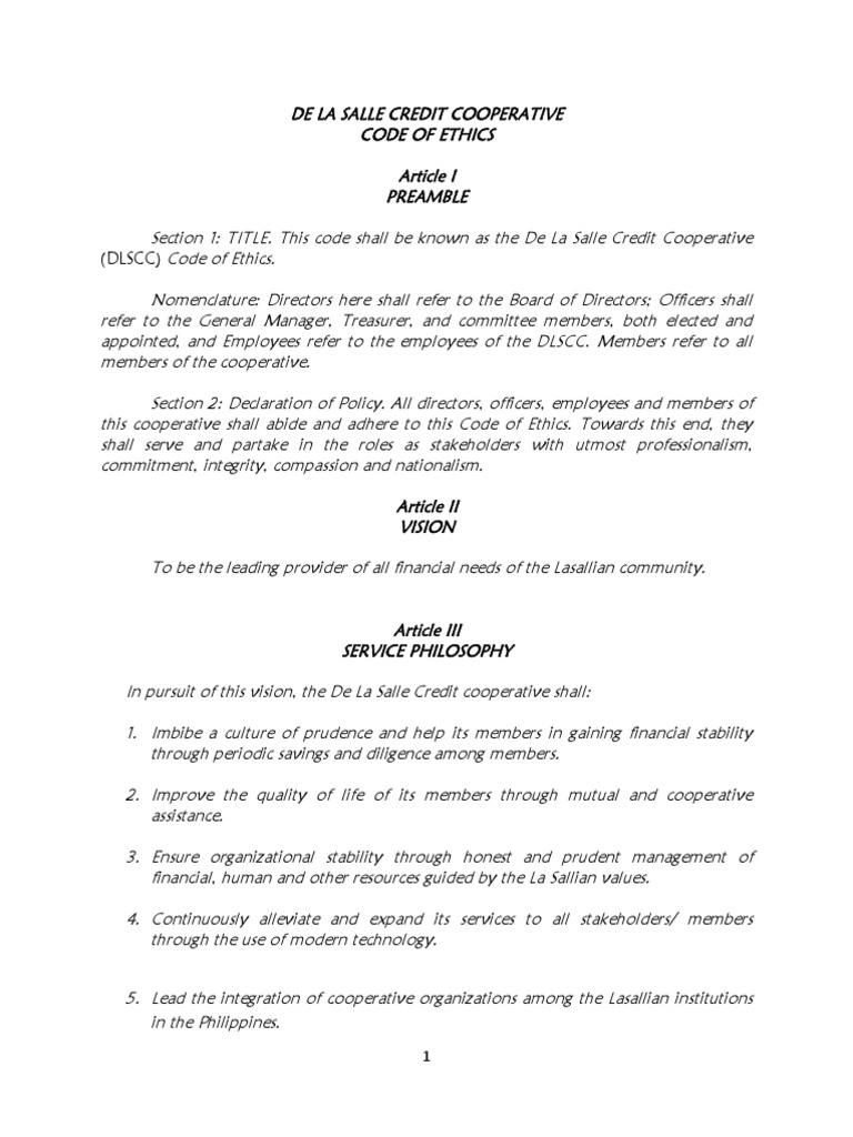 DLSCC Code of Ethics PDF | PDF | Board Of Directors | Cooperative