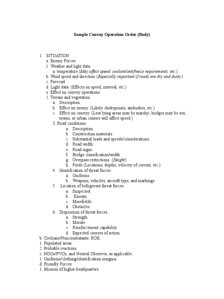 Sample Convoy Operation Order (Body) | PDF | Land Mine | Reconnaissance