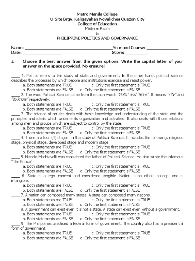 Midterm Exam Philippine Politics | PDF | Philippines | President Of The ... Midterm Exam Philippine Politics | PDF | Philippines | President Of The ...