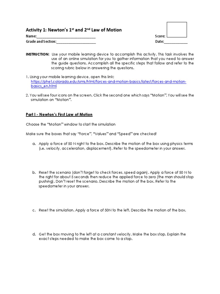 Activity 1 Newtons 1st and 2nd Law PDF | PDF | Acceleration | Force