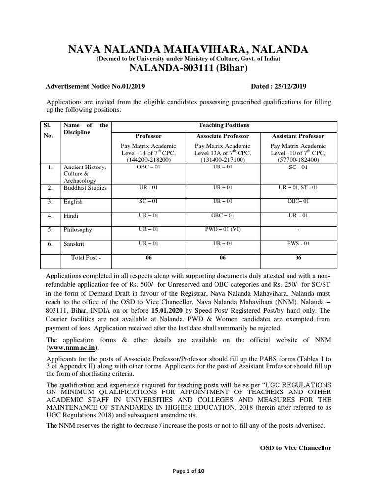 Notificatio Nava Nalanda Mahavihara Professor Associate Professor Asst ...
