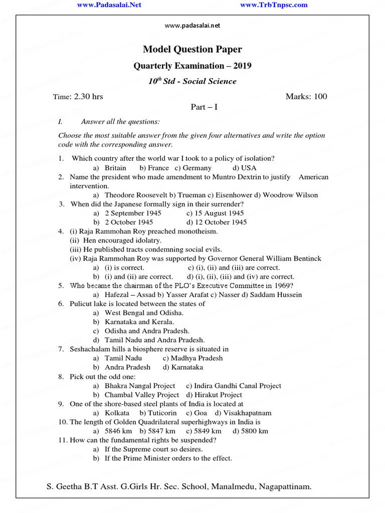 10th Std Social Science Quarterly Exam | PDF | Non Aligned Movement