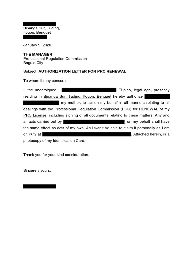 Authorization Letter For PRC Renewal | PDF | Finance & Money Management ...