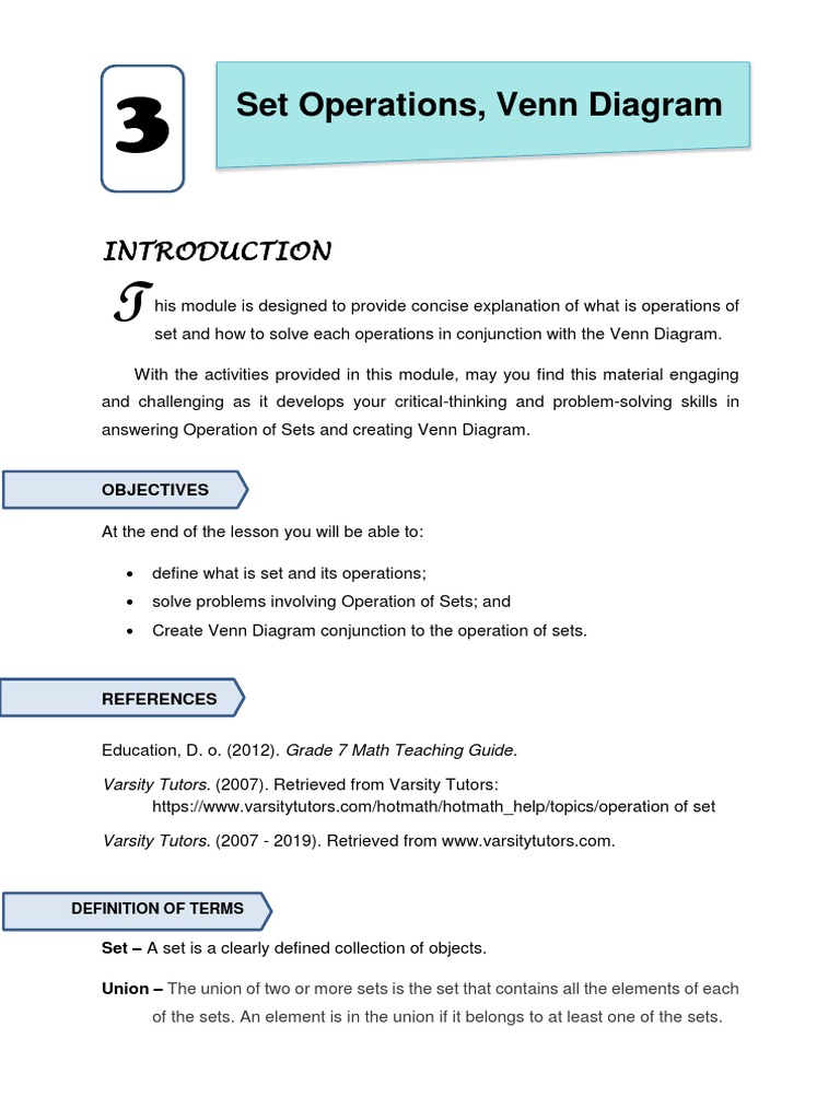 Set Operations, Venn Diagram Module | Download Free PDF | Set ...