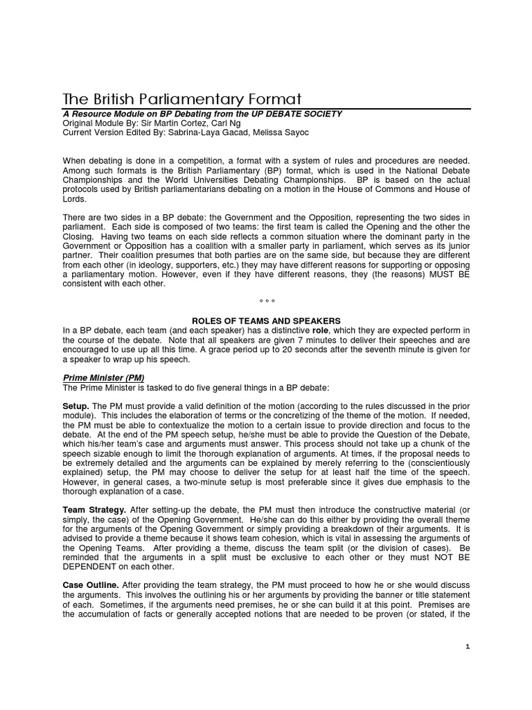 Introduction To British Parliamentary Debate Format PDF | Download Free ...