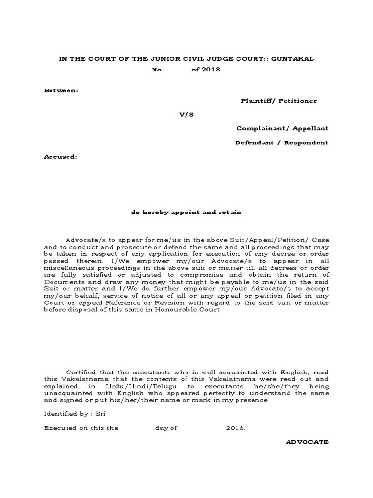 Vakalatnama Format for Court Proceedings | PDF | Social Science