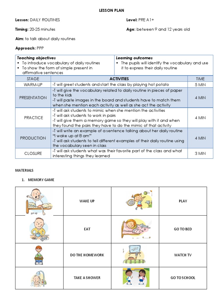 Lesson Plan DAILY ROUTINES Kids | Download Free PDF | Lesson Plan ...