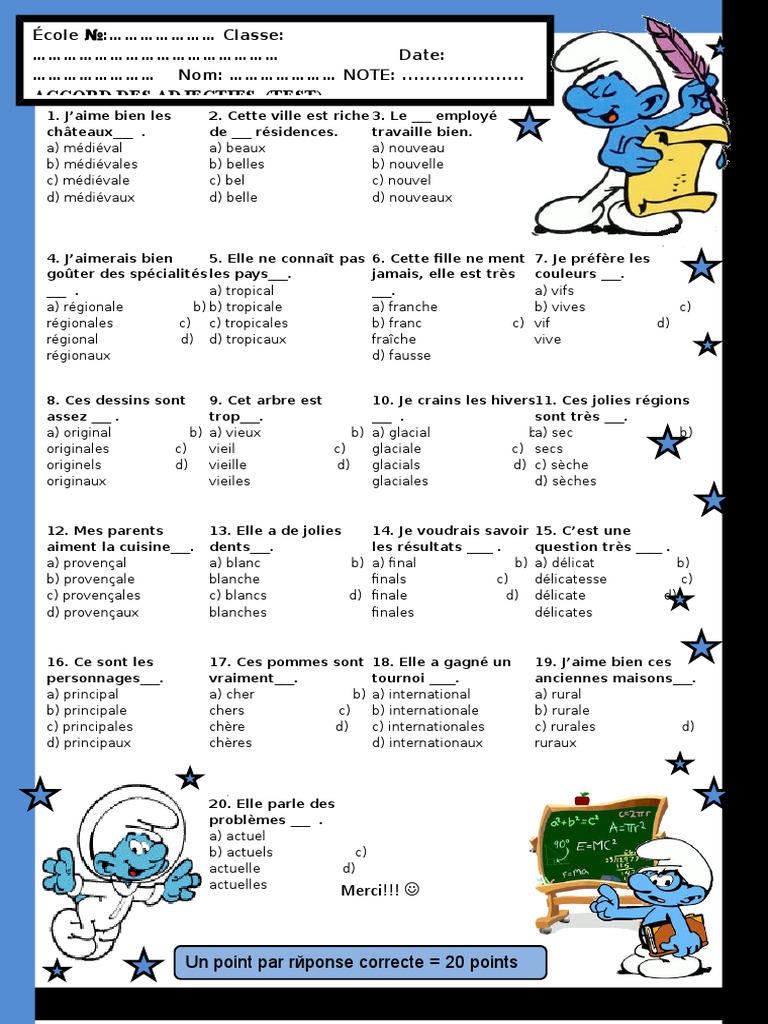 Accord Des Adjectifs Controle Devaluation Feuille Dexercices - 13039 ...