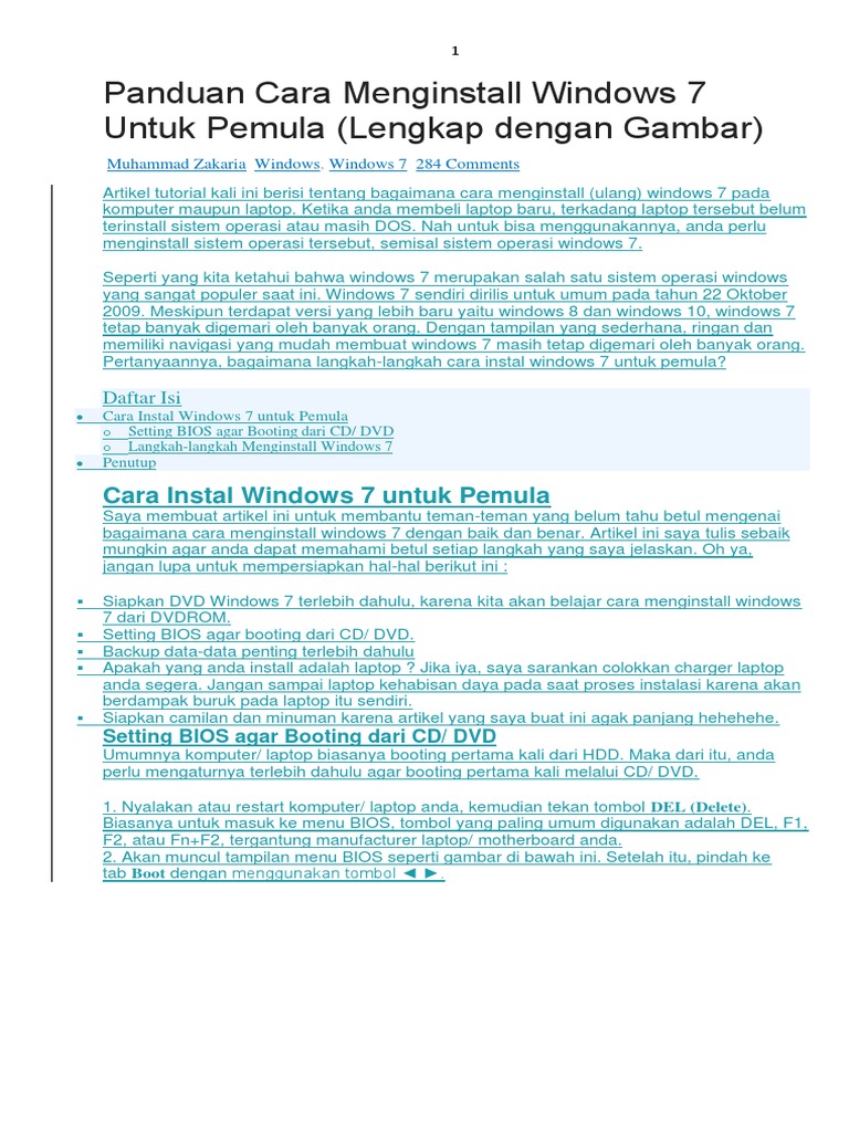 Panduan Cara Menginstall Windows 7 Untuk Pemula | PDF