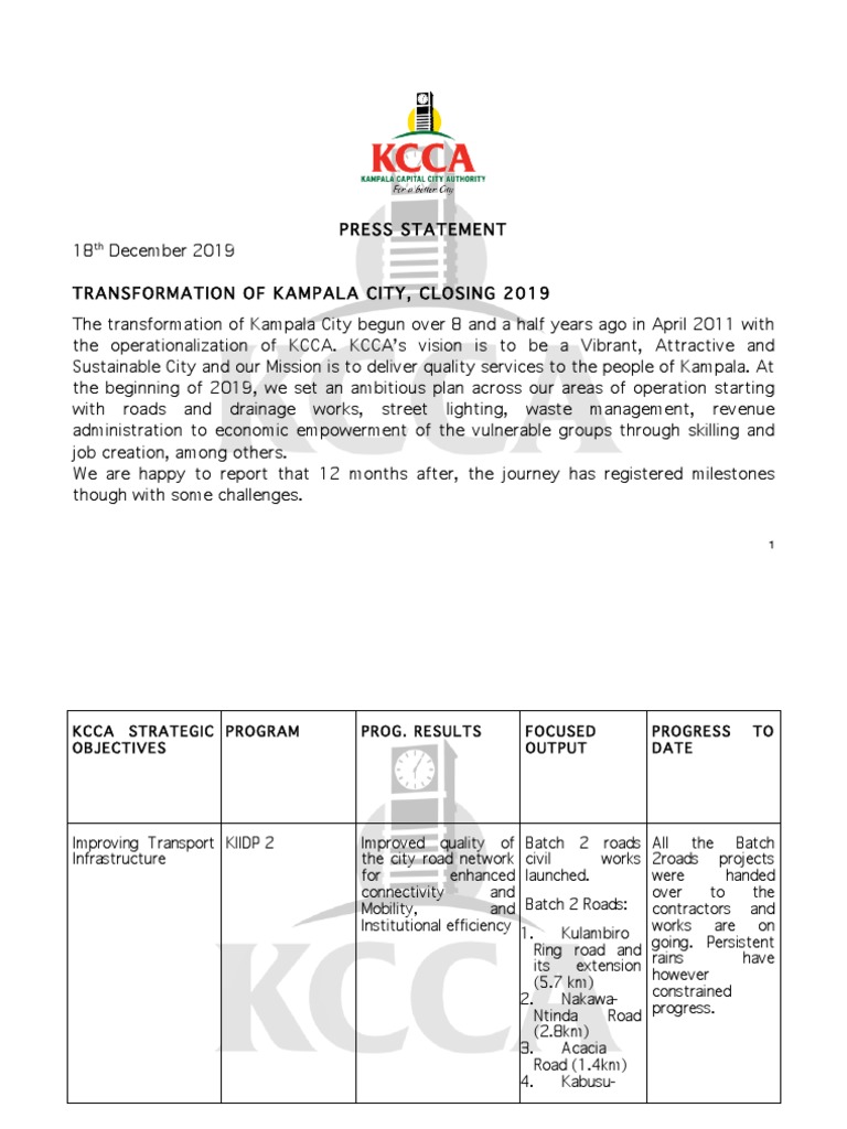 KCCA Plans FOR Transform OF Kampala City 2020 | PDF | Valuation (Finance) | Agriculture