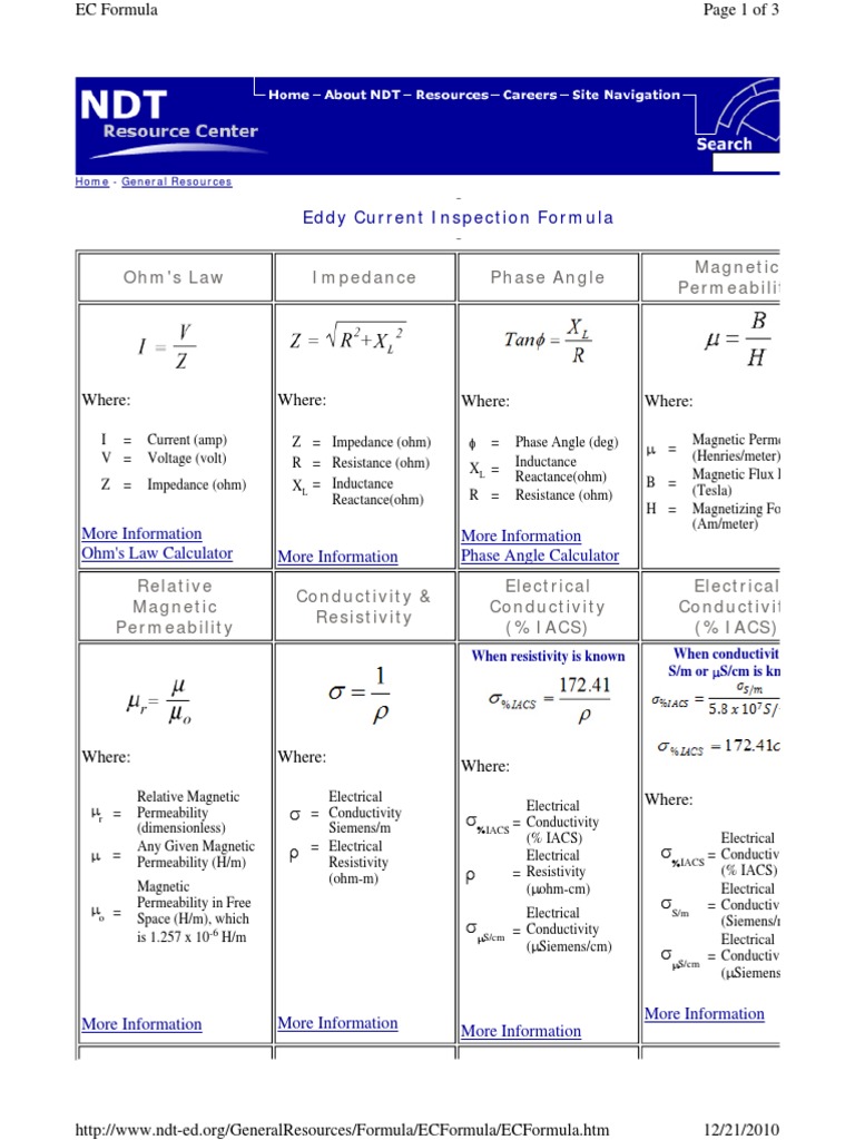 ECT Formulae | PDF | Electrical Resistivity And Conductivity ...