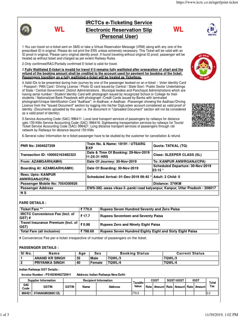 WWW - Irctc.co - in Nget Print-Ticket | PDF | Identity Document ...