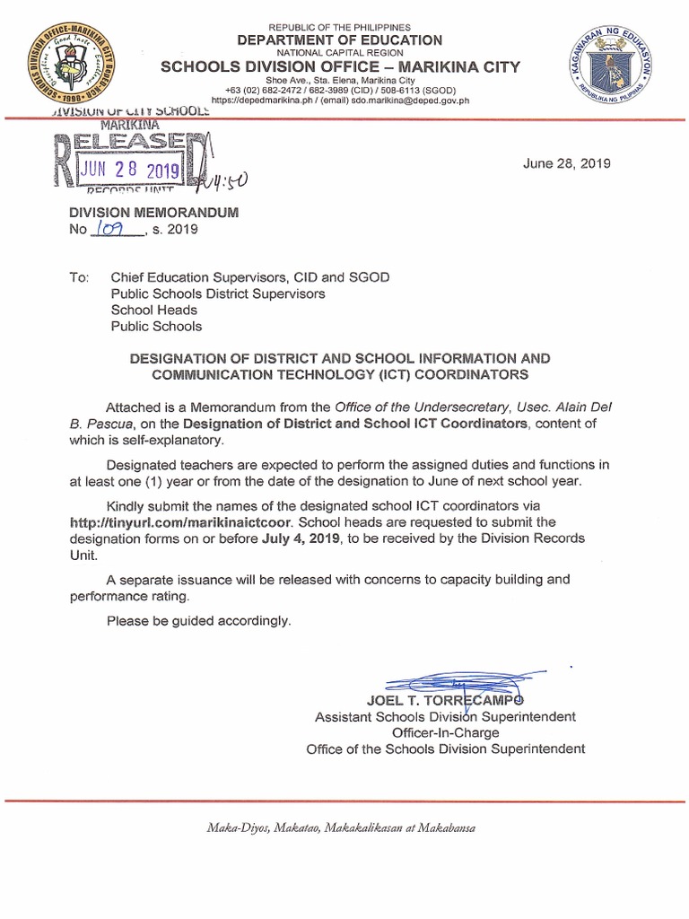 Memo No. 109, S. 2019 Designation of District and School Information ...
