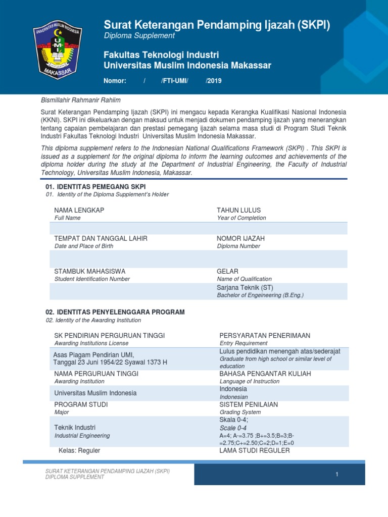 Template SKPI Master Teknik Industri | PDF