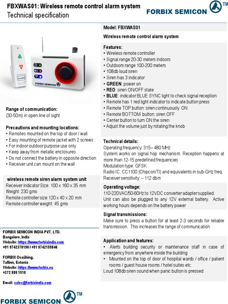 FORBIX SEMICON Wireless Panic Alarm System, 1 Remote 1 Siren, FBXWAS01 ...