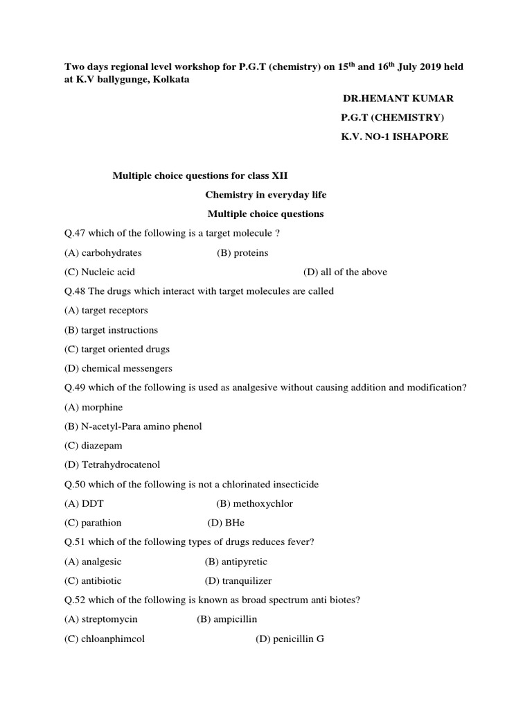 Chemistry in Everyday Life MCQS | PDF | Sugar Substitute | Drugs