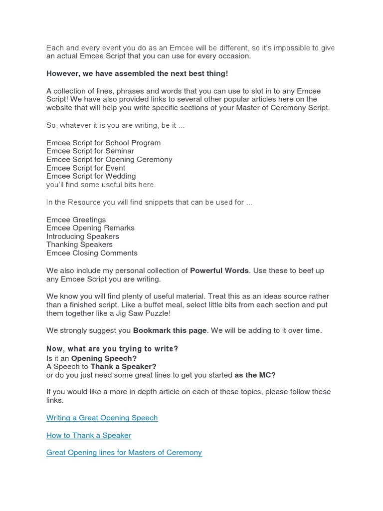 Essential Emcee Script Resources | PDF | Career & Growth