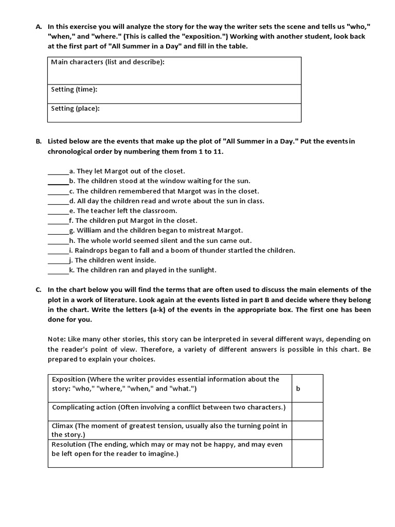 All Summer in A Day Assignment | PDF