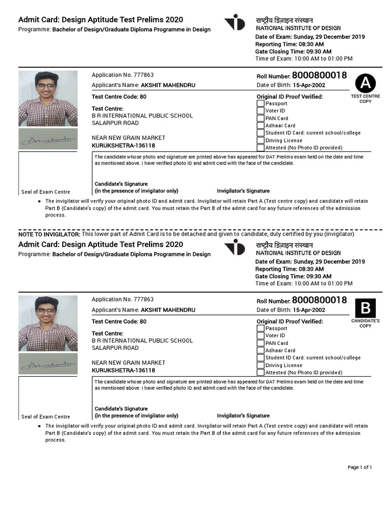 Nida - Admit Card | PDF | Identity Document | Test (Assessment)