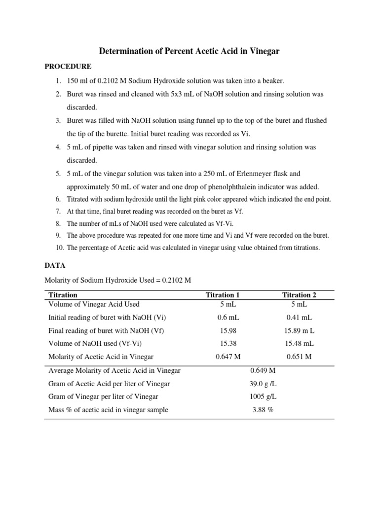 Determination of Percent Acetic Acid in Vinegar | PDF | Molar ...