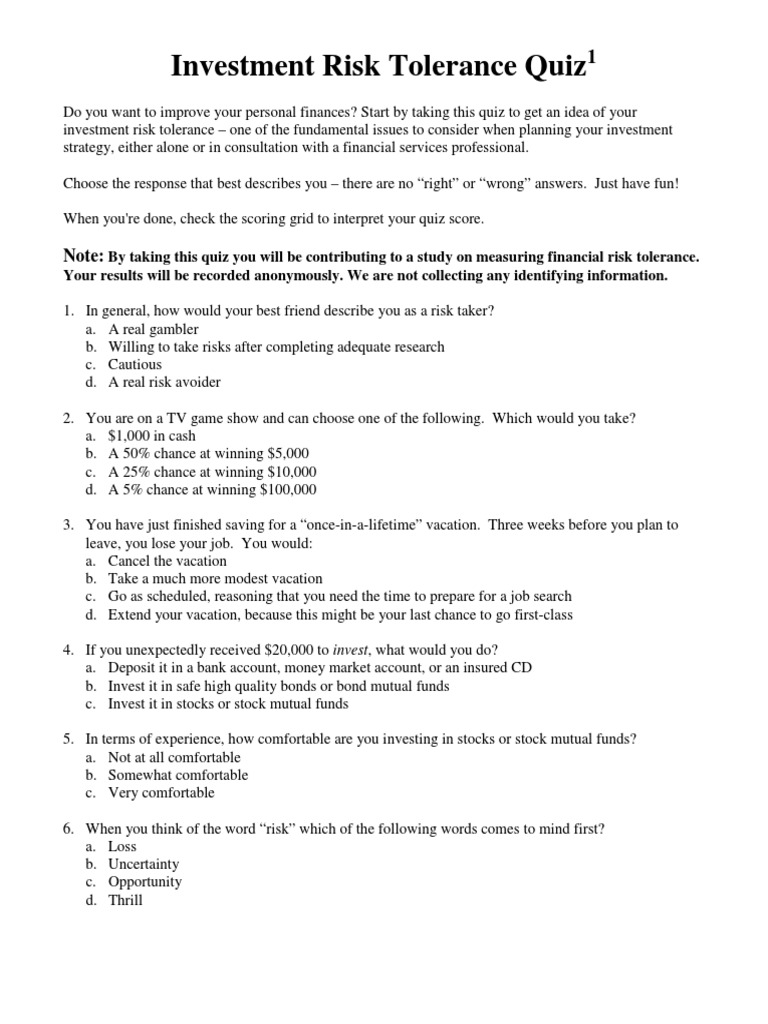 Investment Risk Tolerance Quiz Pdf Bonds Finance Mutual Funds