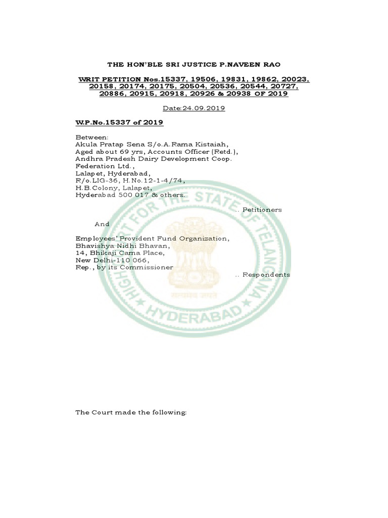 High Court of Telangana 24.9.19 - Revised Pension Restored (Shared by ...