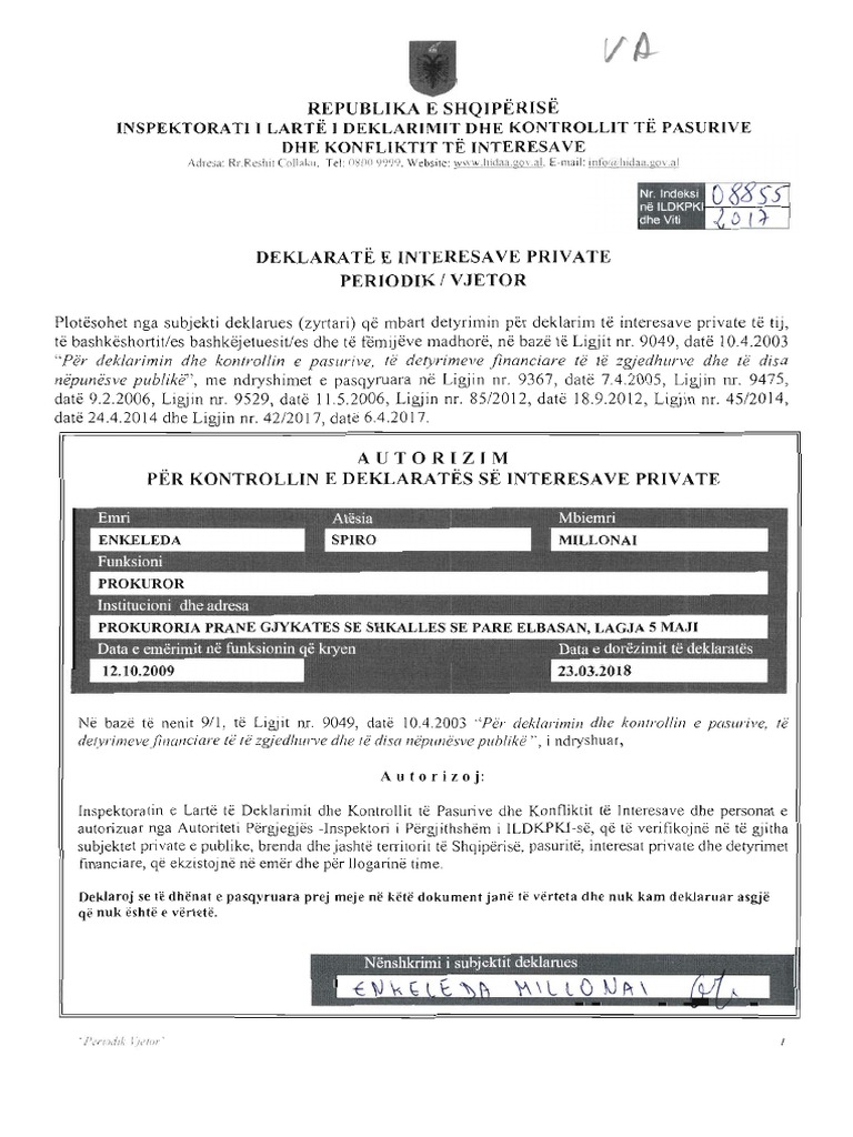 Enkeleda Millonai, Deklarata e Pasurise 2017 | PDF