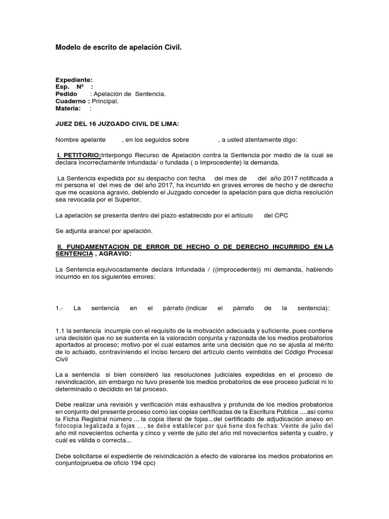 Modelo de Escrito de Apelación Civil | PDF | Sentencia (ley) | Apelación