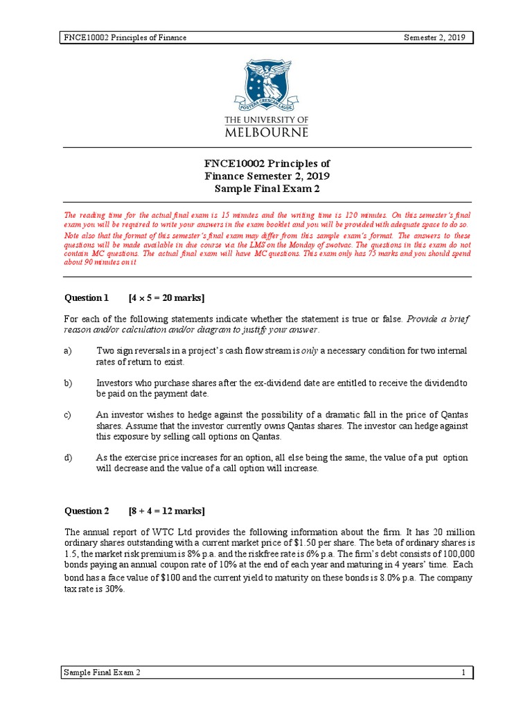 FNCE 10002 Sample FINAL EXAM 2 For Students - Sem 2 2019 PDF | PDF ...
