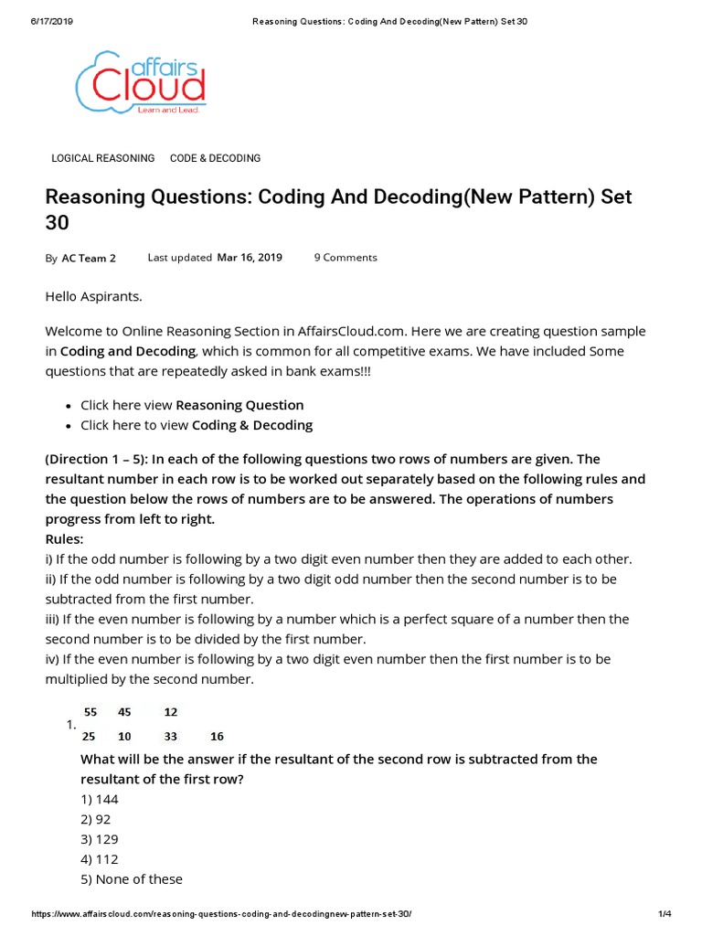 Reasoning Questions - Coding and Decoding (New Pattern) Set 30 | PDF | Teaching Mathematics