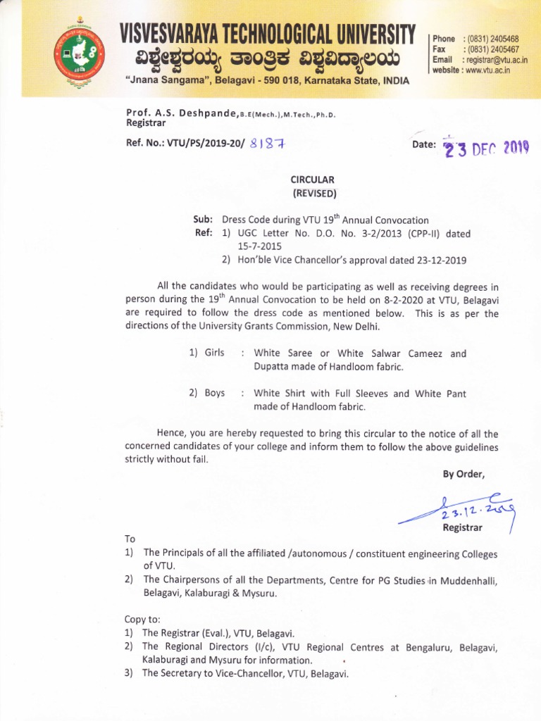 VTU 19th Convocation Dress Code | PDF