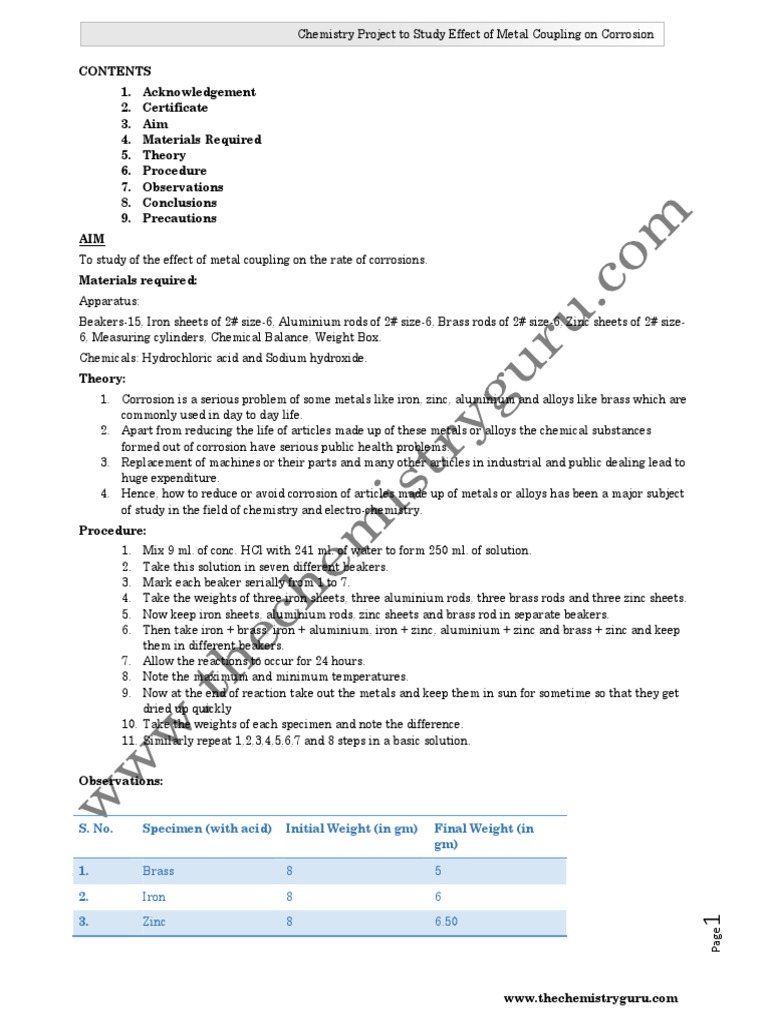 Chemistry Project To Study Effect of Metal Coupling On Corrosion | PDF ...
