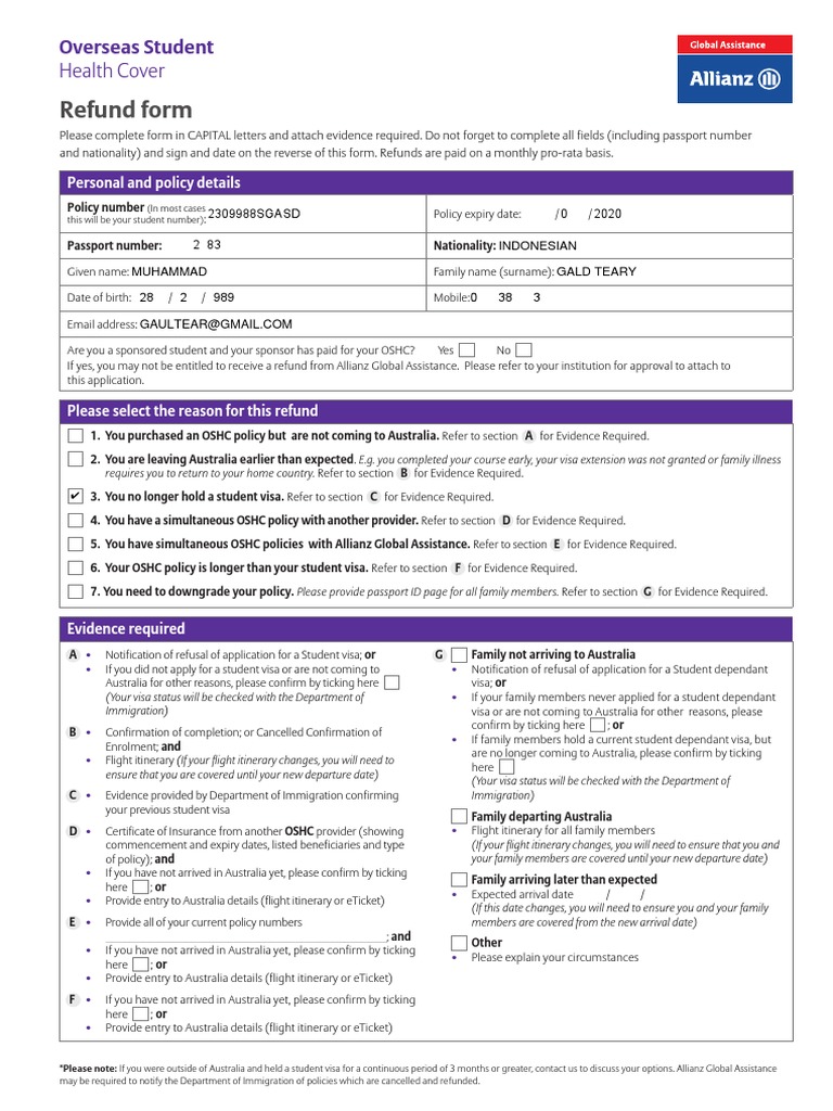 OSHC Refund Form Interactive | PDF | Travel Visa | Credit Card