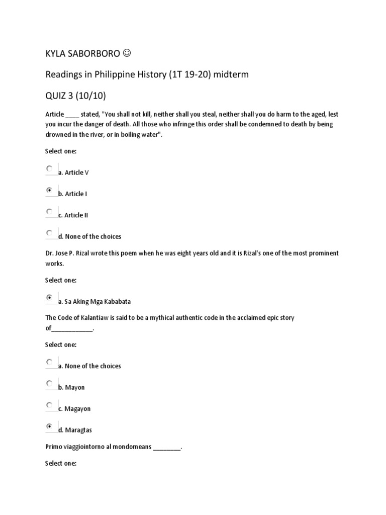 Readings in Philippine History Quiz 3 4 Midterm EXAM 1 | PDF | Philippines