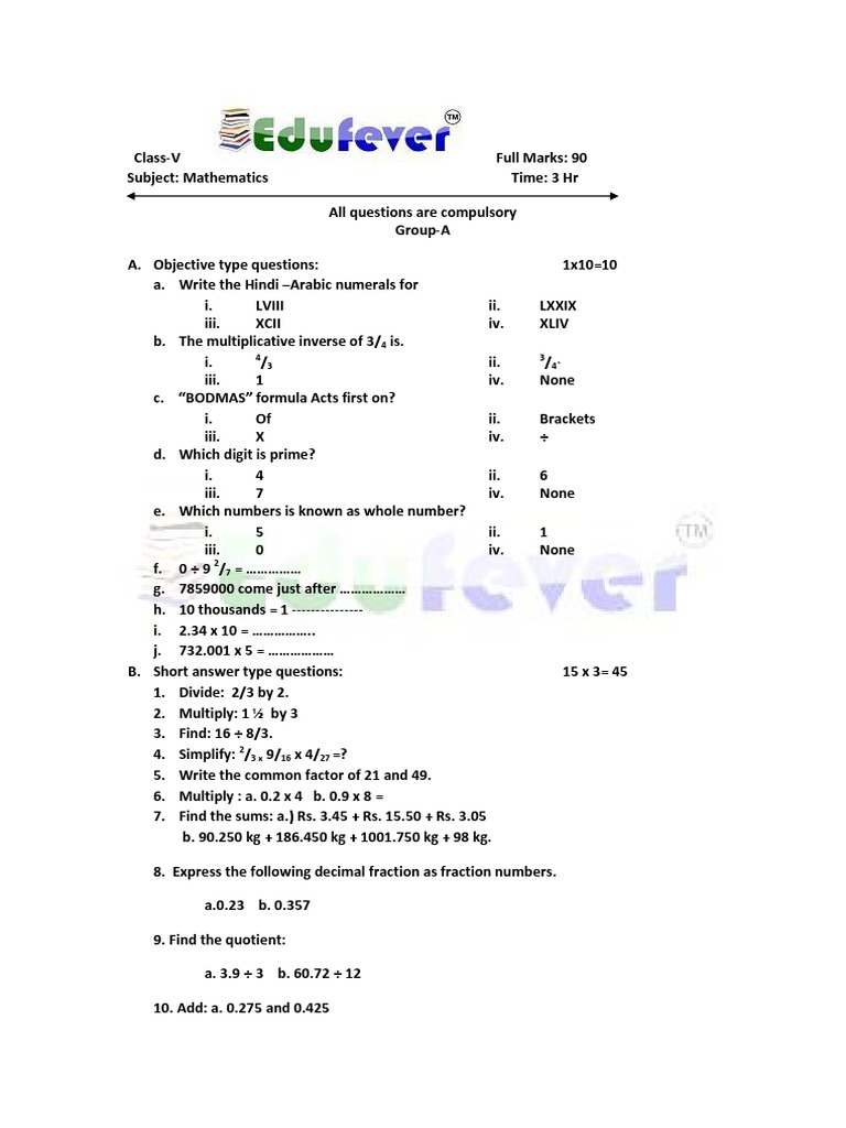 Cbse Class 5 Math Sample Paper 90 | PDF | Fraction (Mathematics ...