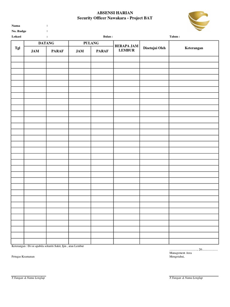 Form Absen Harian Guard - BAT | PDF