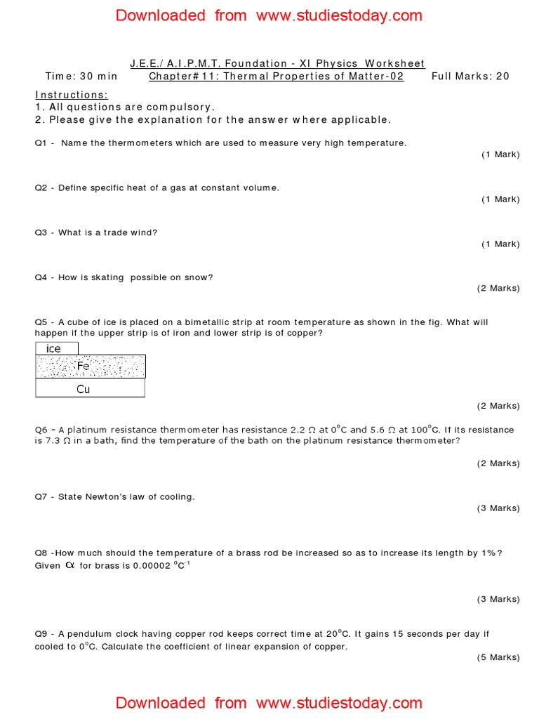 CBSE Class 11 Physics Worksheet - Thermal Properties of Matter | PDF