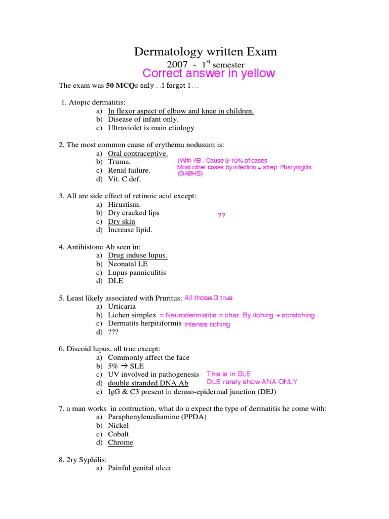 Dermatology Written Exam 2007 | PDF | Dermatitis | Systemic Lupus ...
