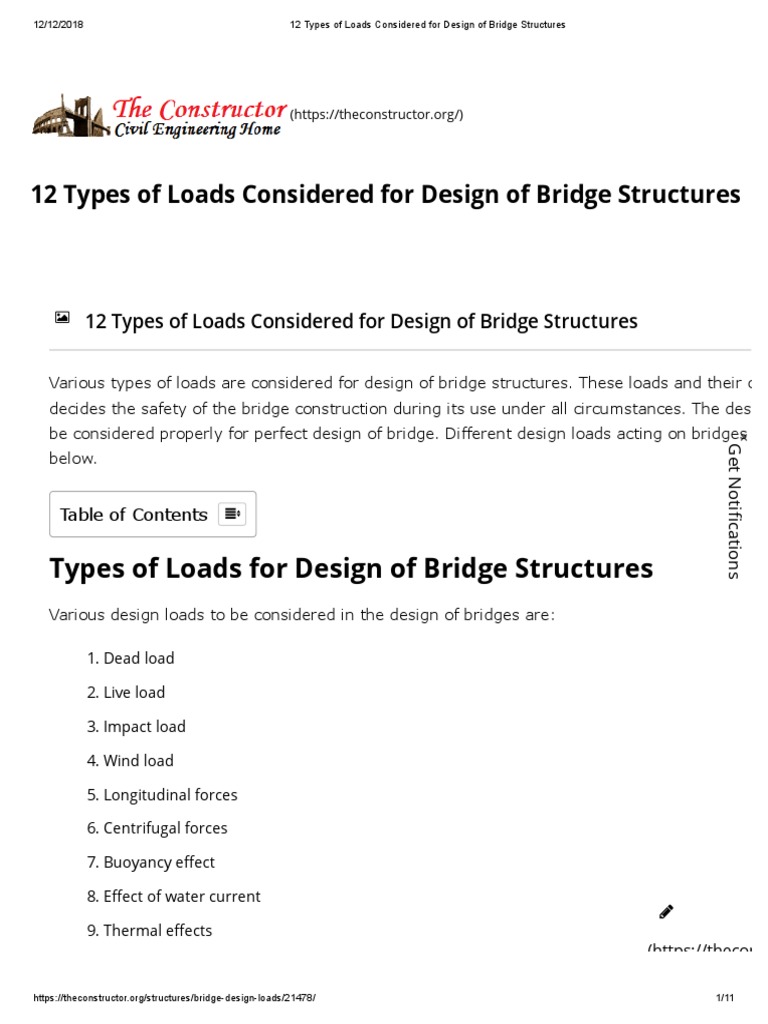 12 Types of Loads Considered For Design of Bridge Structures PDF | PDF ...
