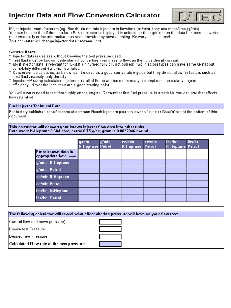 Injector Data & Flow Converter | PDF | Fuel Injection | Fluid Dynamics