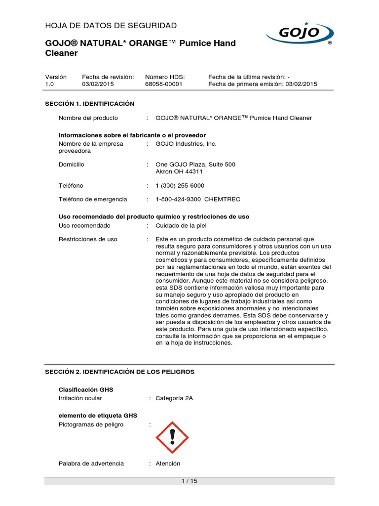 Ficha de Seguridad - Gojo-Crema-Mecanicos-Pomex-Orange | PDF | Química ...