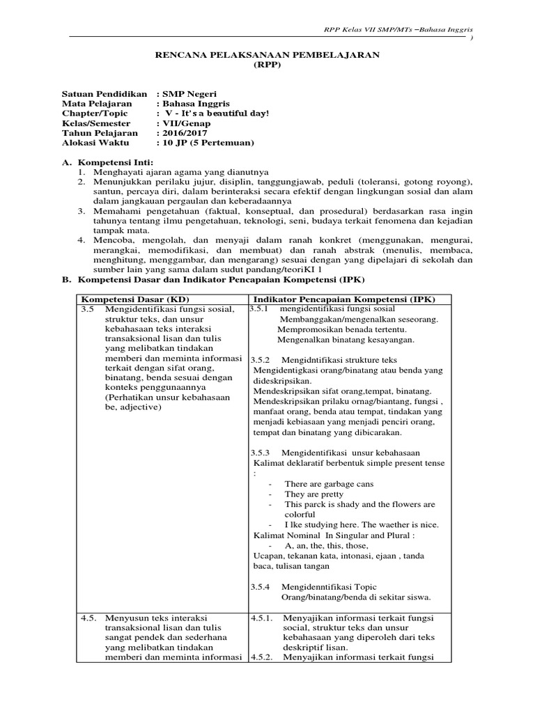 RPP Bahasa Inggris Kelas 7 Bab 5 | PDF
