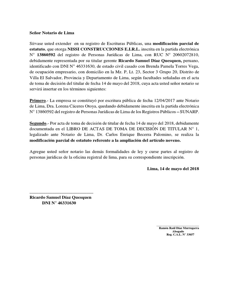 Modif de Estatuto Eirl | PDF Modif de Estatuto Eirl | PDF