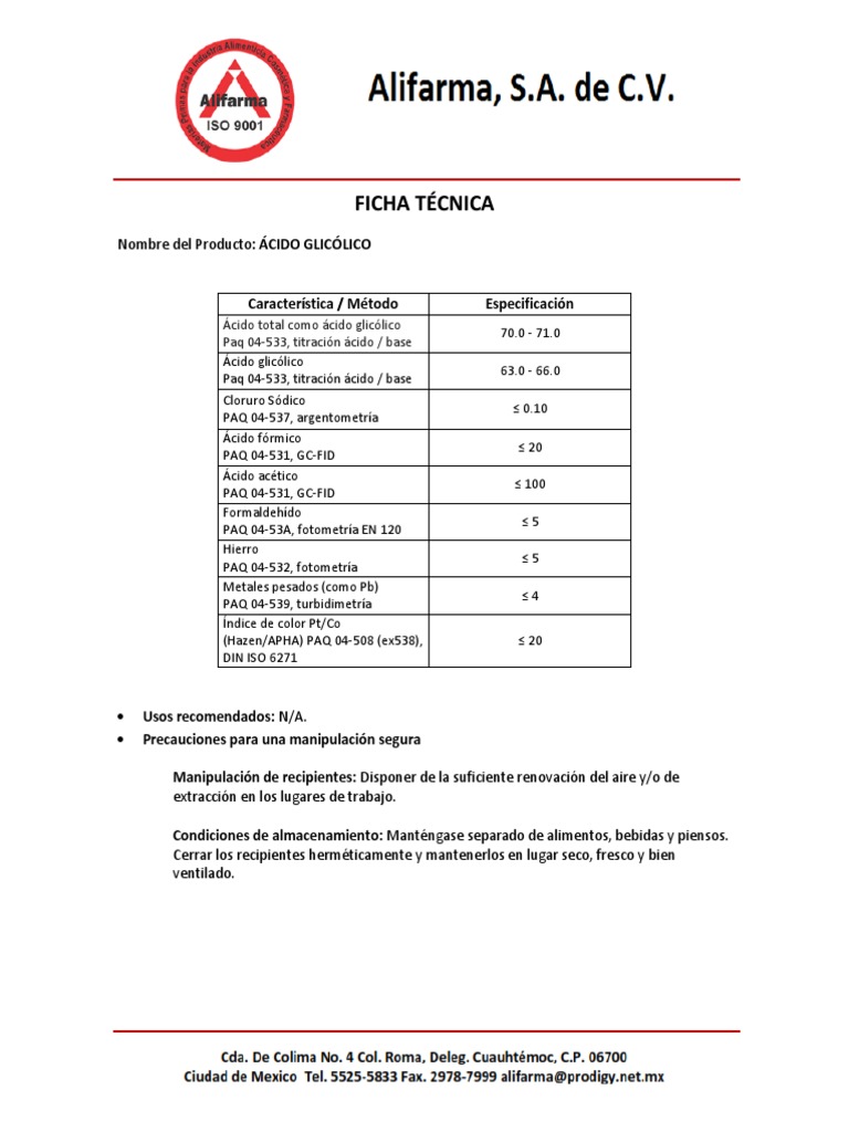 Ficha Técnica Alifarma Ácido Glicólico | PDF