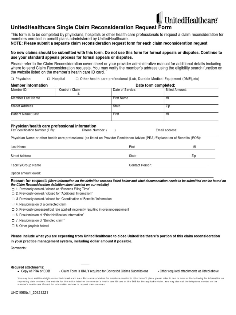 UnitedHealthCare Fillable Reconsideration Form | PDF | Identity ...