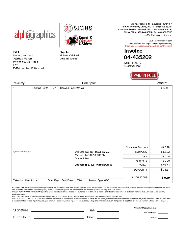 Fly by Night Alphagraphics Invoice | PDF | Invoice | Credit Card