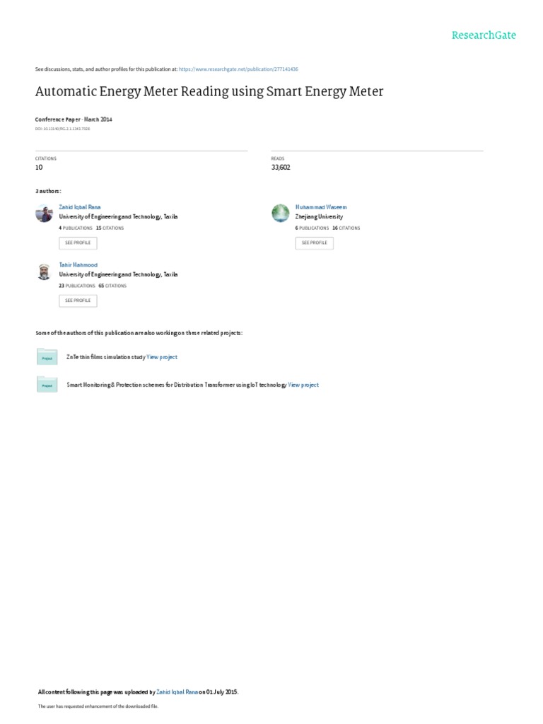 AutomaticEnergyMeterReadingusingSmartEnergyMeter PDF | PDF | Electric ...