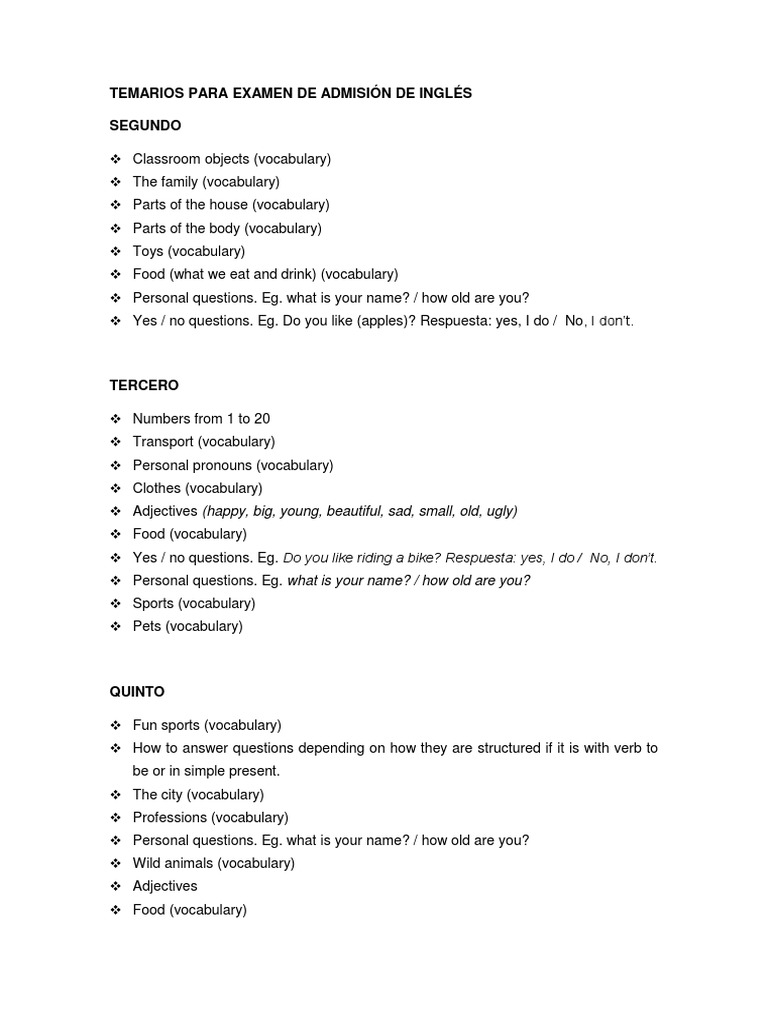 Temarios para Examen de Admisión de Inglés | PDF